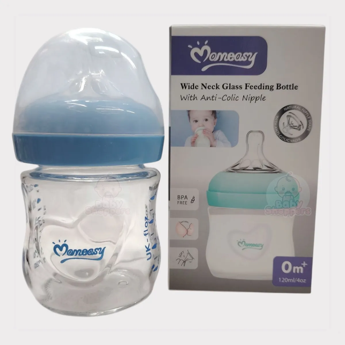 Momeasy Wide Neek Glass Feeding Bottle 0M+ 120ml - BabyShoppers
